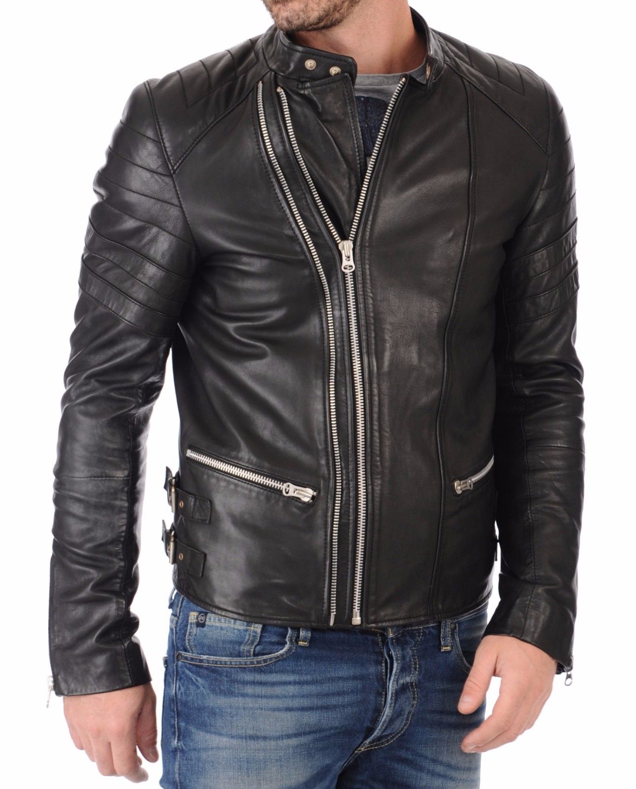Men's Genuine Lambskin Leather Jacket Black Slim Fit Motorcycle Biker ...