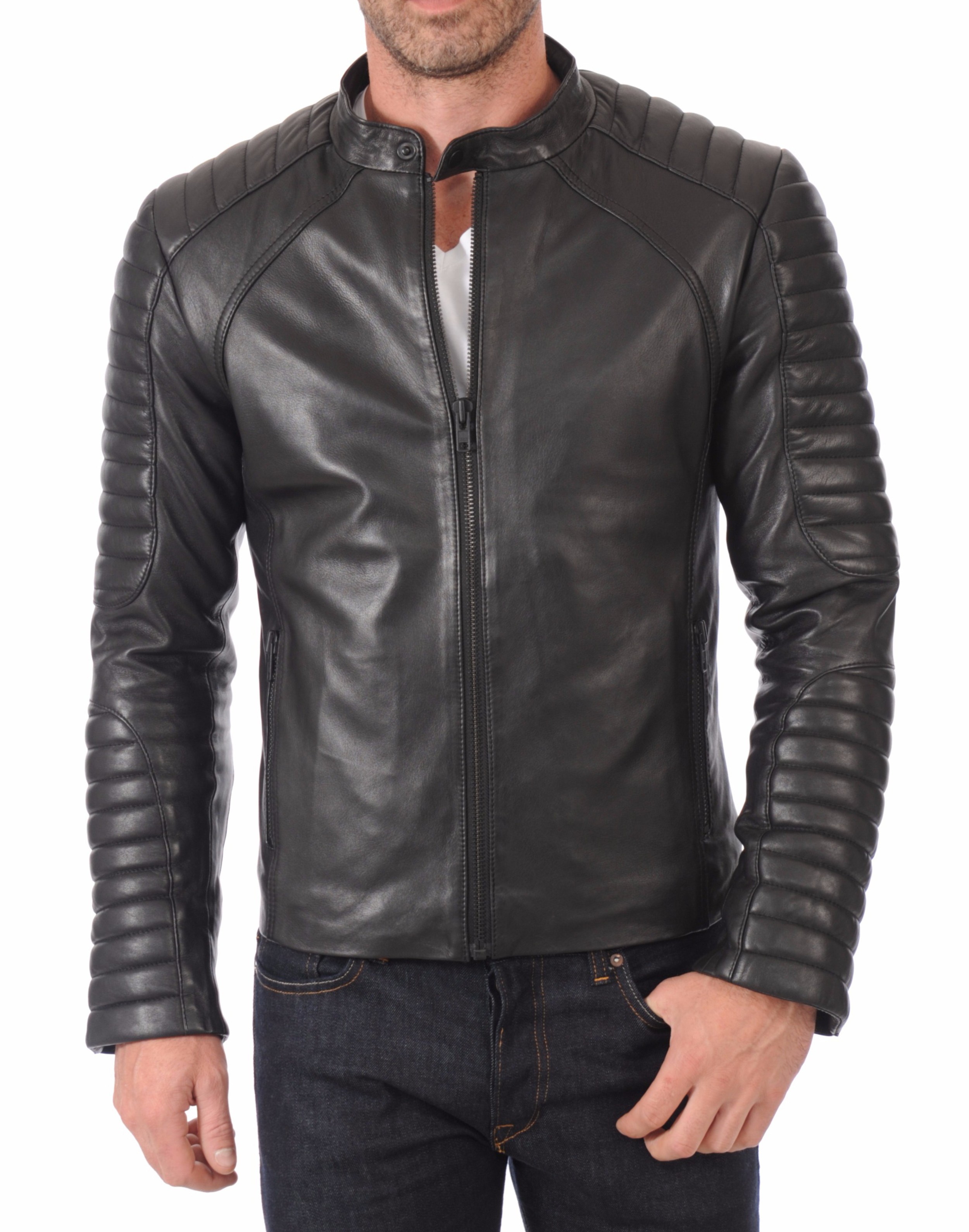 Men's Genuine Lambskin Leather Jacket Black Slim Fit Motorcycle Biker ...
