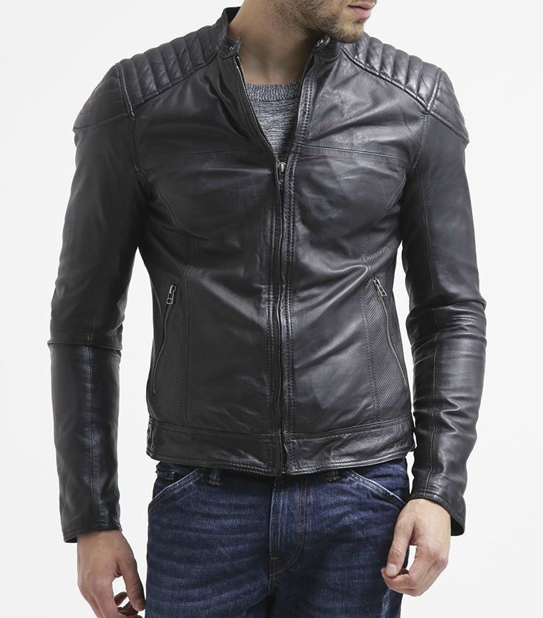 Men's Genuine Lambskin Leather Jacket Black Slim Fit Motorcycle Biker Jacket-018 on Luulla