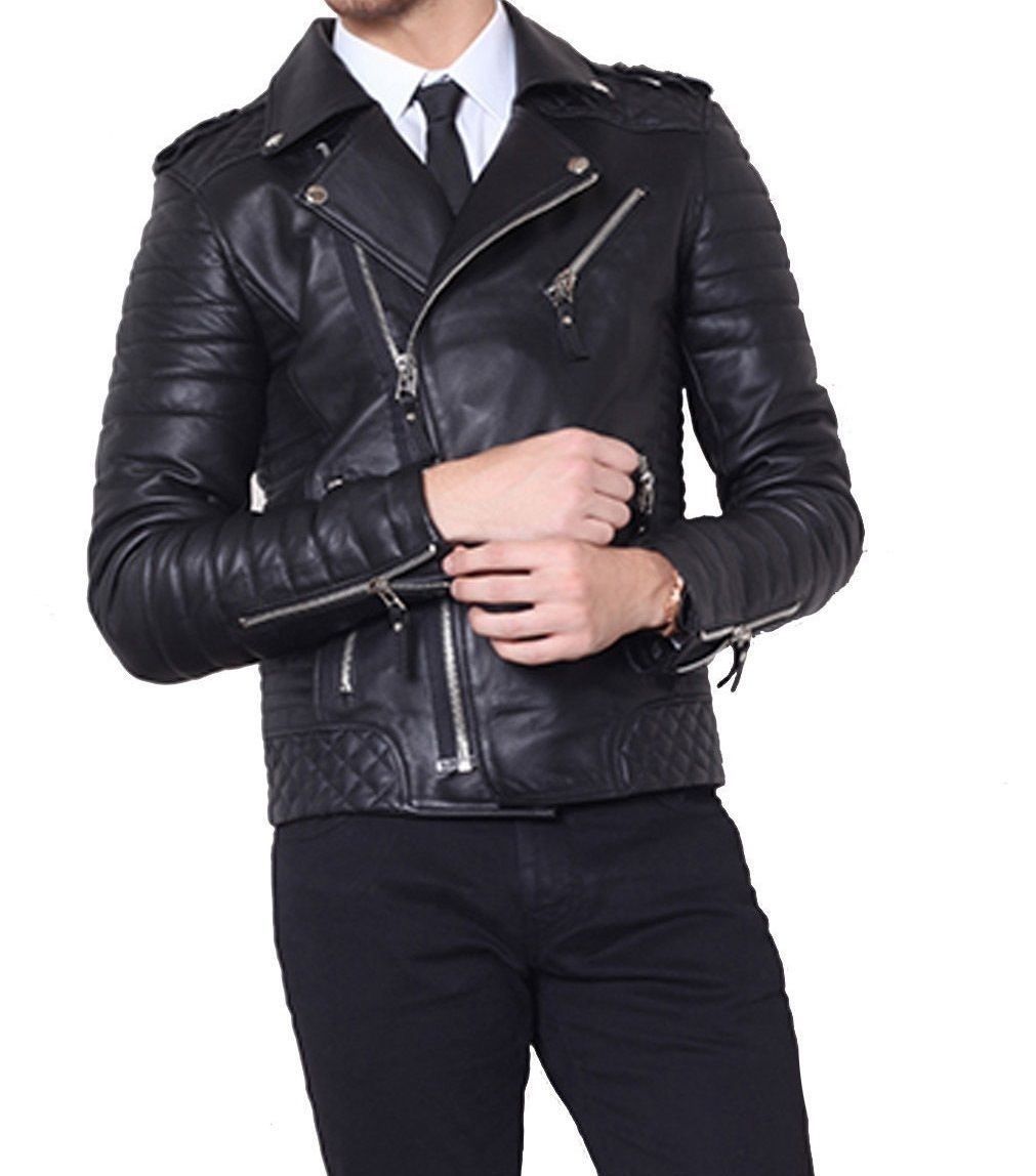 Men's Genuine Lambskin Leather Jacket Black Slim Fit Motorcycle Biker ...