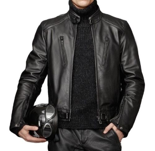 Men's Genuine Lambskin Leather Jacket Black Slim Fit Motorcycle Biker ...