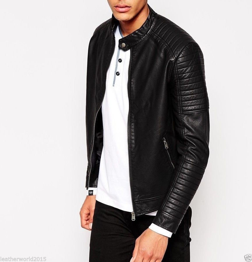 Men's Genuine Lambskin Leather Jacket Black Slim Fit Motorcycle Biker Jacket-025 on Luulla